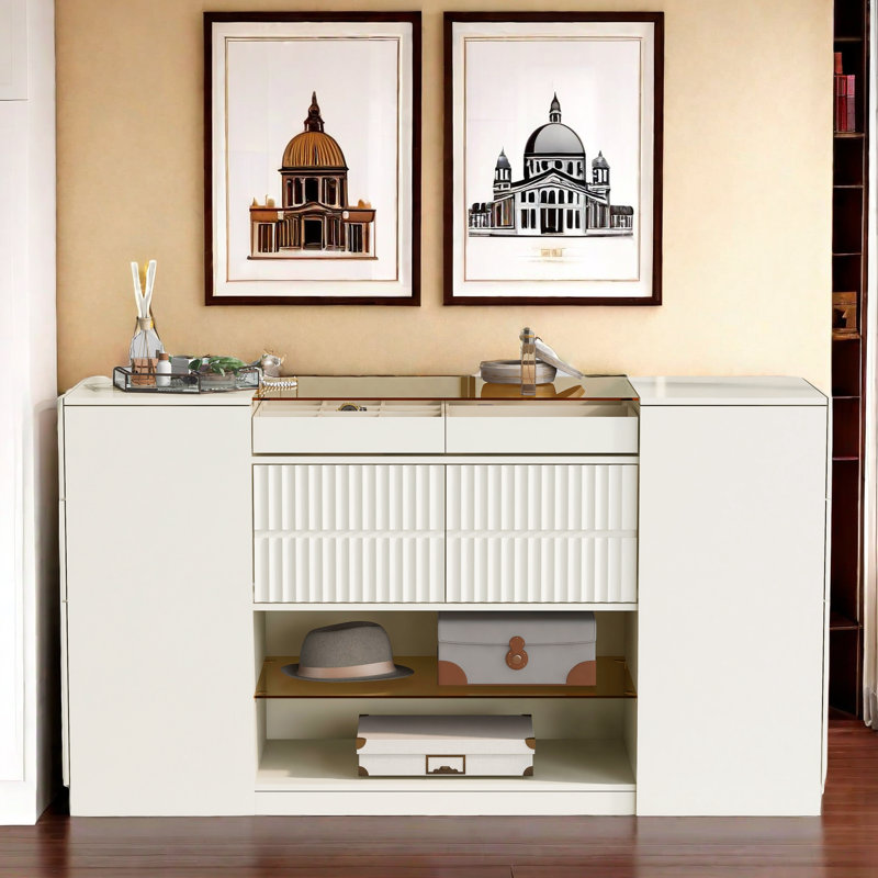 Latitude Run® Jylin Dresser with Glass Tabletop, Display Shelf and 6 Drawers | Wayfair